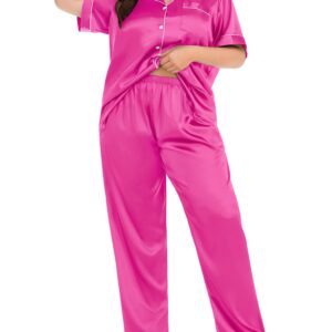 SWOMOG Satin Pjs for Women Plus Size Pj Set Summer Pajamas Smooth and Soft Pajama Set Comfy Nightwear 24W Rose Red