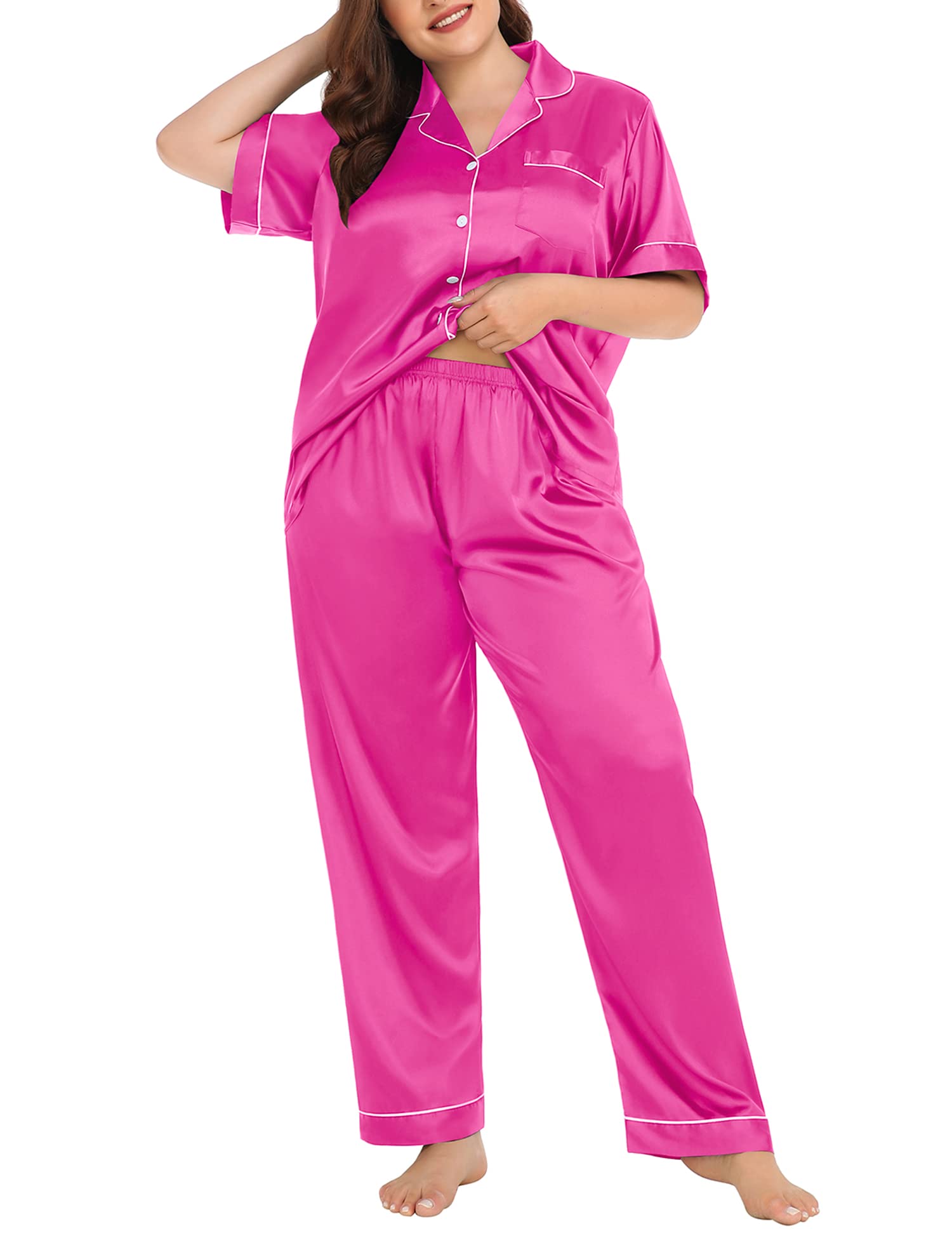 SWOMOG Satin Pjs for Women Plus Size Pj Set Summer Pajamas Smooth and Soft Pajama Set Comfy Nightwear 24W Rose Red