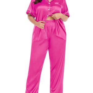 SWOMOG Satin Pjs for Women Plus Size Pj Set Summer Pajamas Smooth and Soft Pajama Set Comfy Nightwear 24W Rose Red