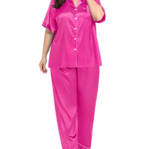 SWOMOG Satin Pjs for Women Plus Size Pj Set Summer Pajamas Smooth and Soft Pajama Set Comfy Nightwear 24W Rose Red