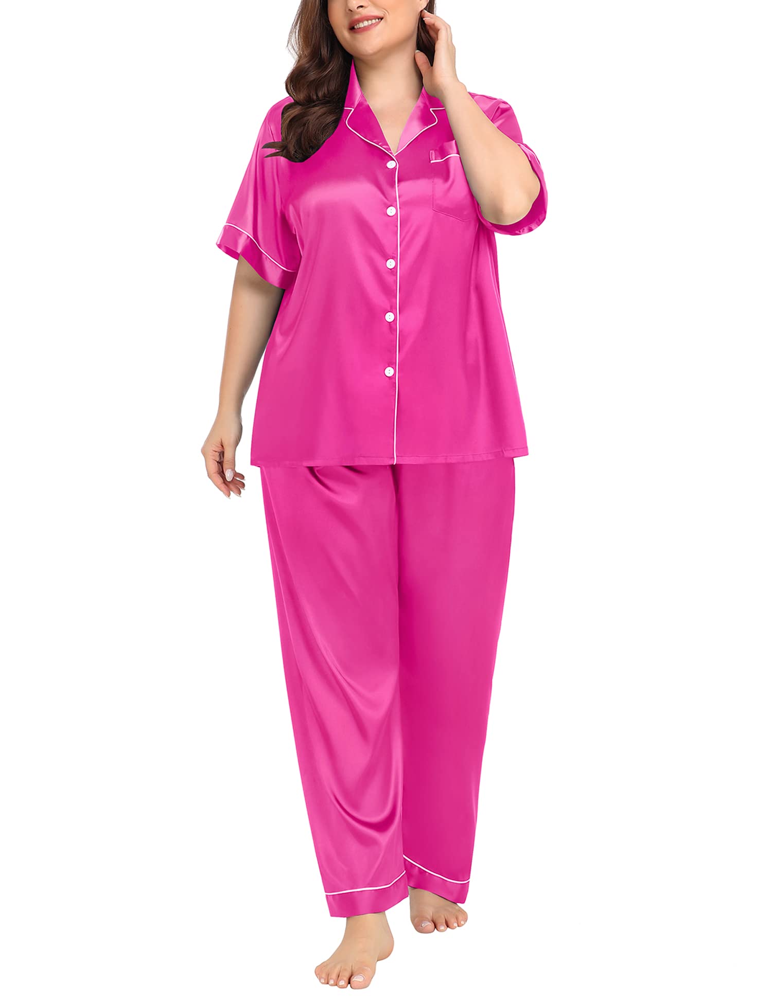 SWOMOG Satin Pjs for Women Plus Size Pj Set Summer Pajamas Smooth and Soft Pajama Set Comfy Nightwear 24W Rose Red