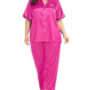 SWOMOG Satin Pjs for Women Plus Size Pj Set Summer Pajamas Smooth and Soft Pajama Set Comfy Nightwear 24W Rose Red