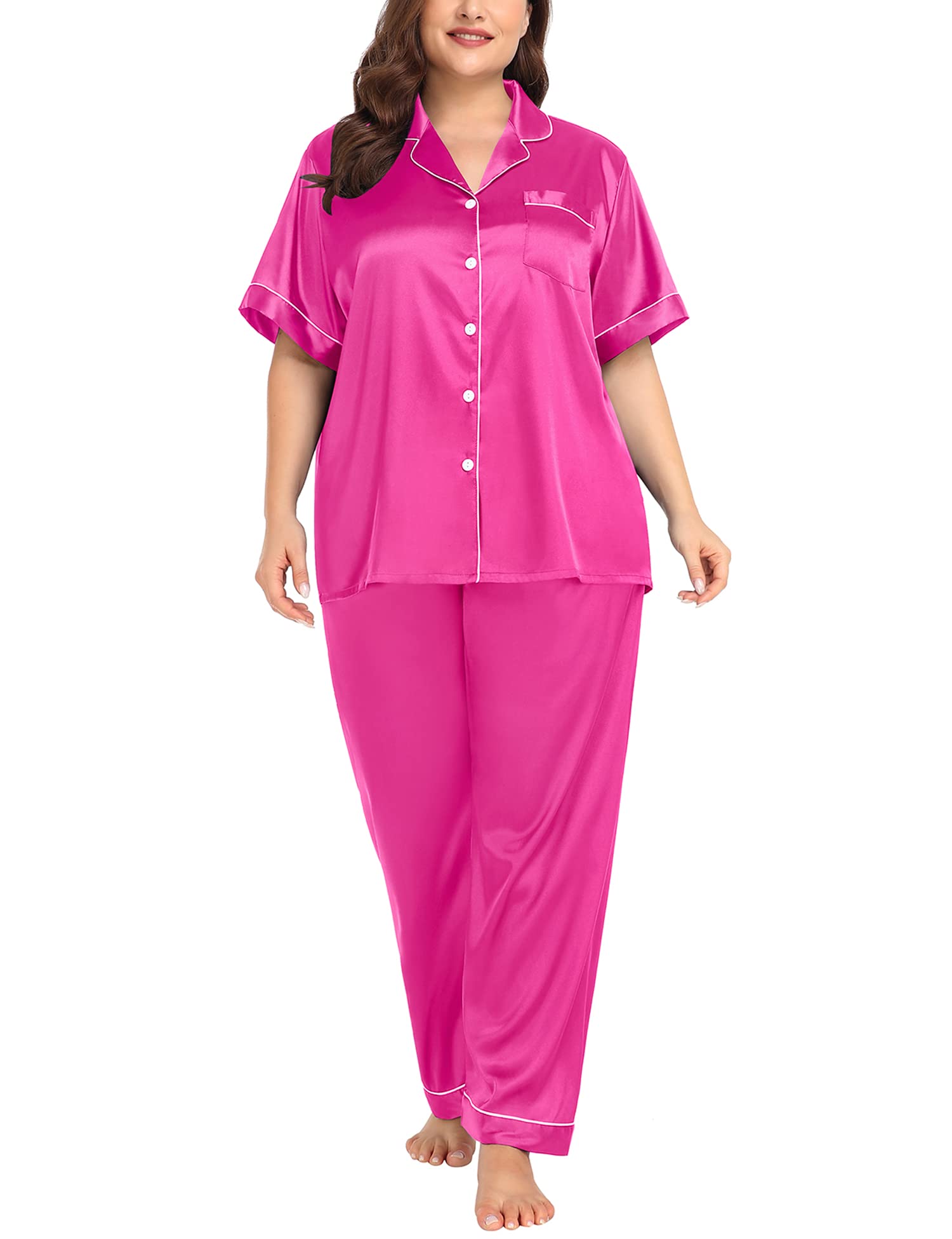 SWOMOG Satin Pjs for Women Plus Size Pj Set Summer Pajamas Smooth and Soft Pajama Set Comfy Nightwear 24W Rose Red