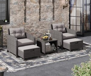 lhbcraft balcony furniture 5 piece patio conversation set, pe wicker rattan outdoor lounge chairs with soft cushions 2 ottoman&glass table for porch, lawn-grey wicker (grey-grey)