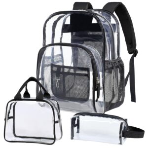 f-color clear backpack, large clear backpack heavy duty with lunch bag pencil pouch for student, women, men, school, work, travel, transparent backpack, black, 17 inches