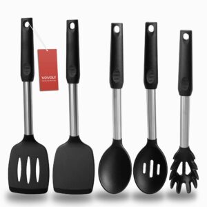 silicone spatula and cooking spoon,5 pack non-stick cooking utensils for kitchen，heat resistant solid & slotted spoons and spatulas, stainless steel handle coated with silicone,black