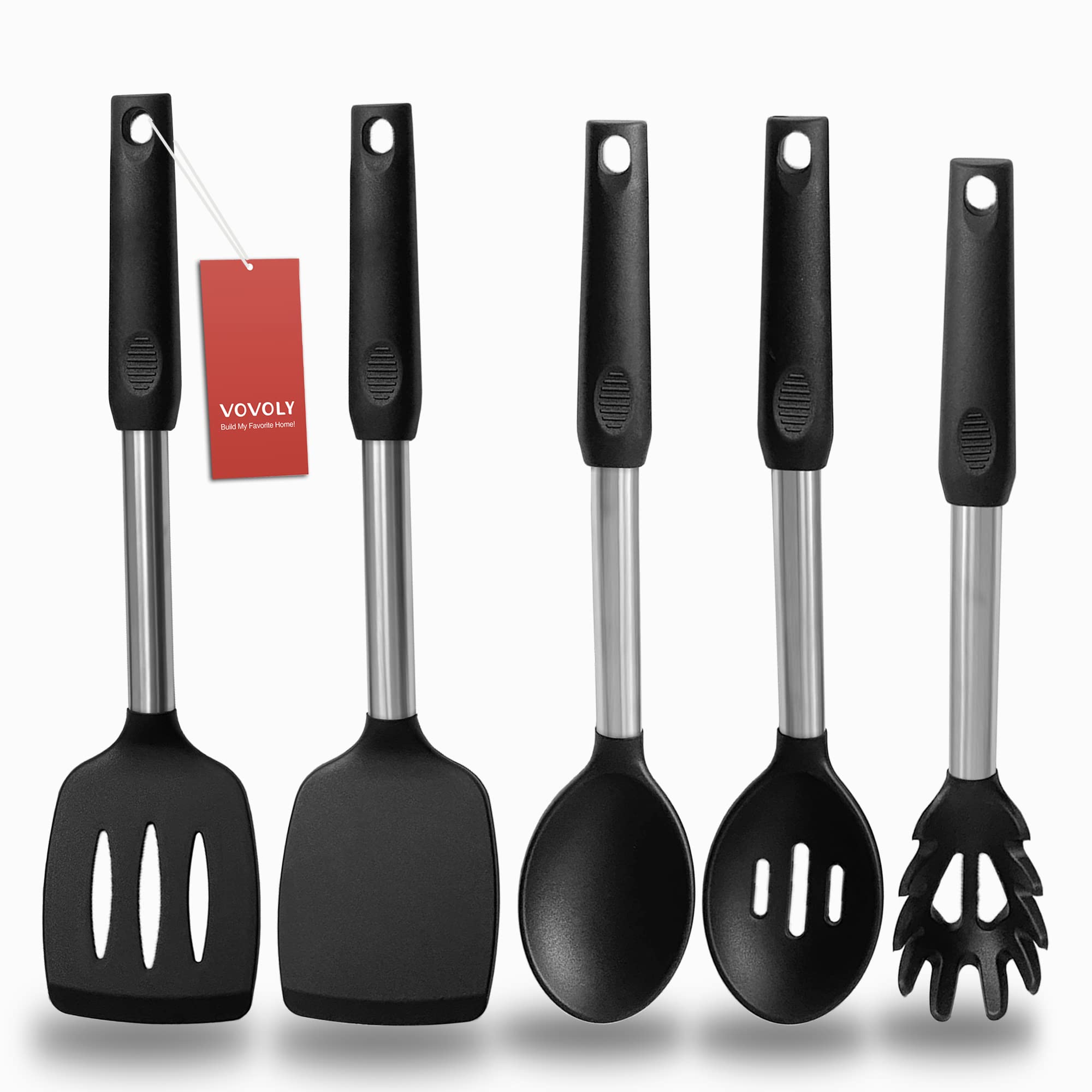 Silicone Spatula and Cooking Spoon,5 Pack Non-Stick Cooking Utensils for Kitchen，Heat Resistant Solid & Slotted Spoons and Spatulas, Stainless Steel Handle Coated with Silicone,Black