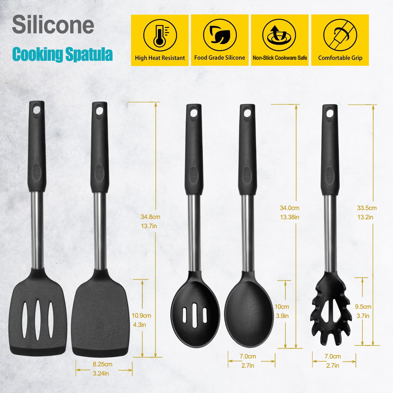 Silicone Spatula and Cooking Spoon,5 Pack Non-Stick Cooking Utensils for Kitchen，Heat Resistant Solid & Slotted Spoons and Spatulas, Stainless Steel Handle Coated with Silicone,Black