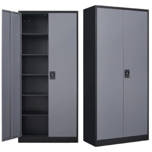 miiiko metal storage cabinet with locking doors, black garage lockable steel cabinets with 4 doors and 5 shelves for home, garage, pantry workshop warehouse