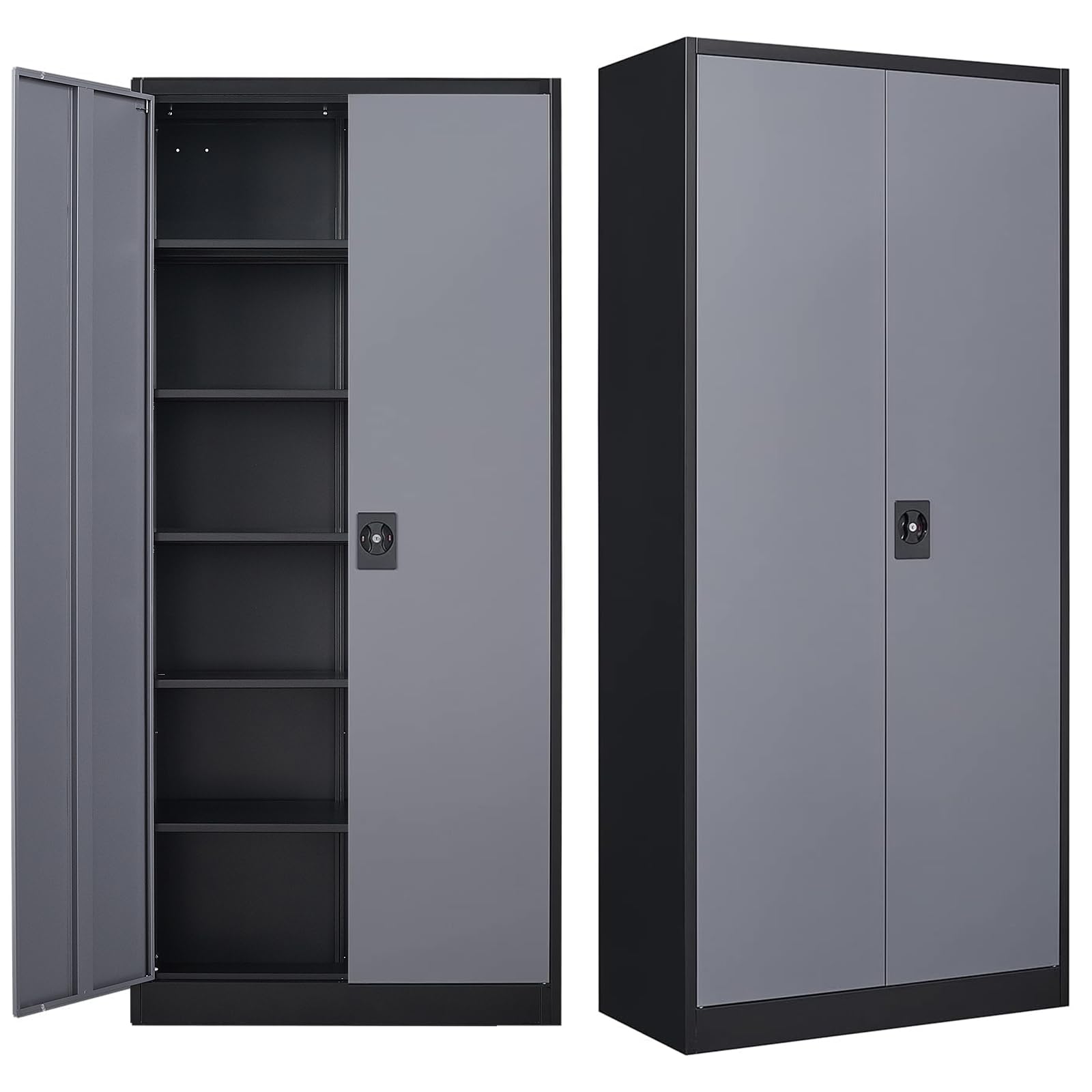 MIIIKO Metal Storage Cabinet with Locking Doors, Black Garage Lockable Steel Cabinets with 4 Doors and 5 Shelves for Home, Garage, Pantry Workshop Warehouse