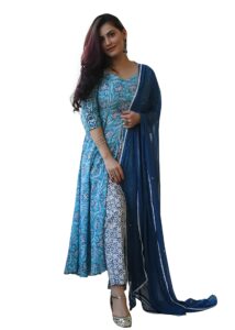 elina fashion indian kurti for womens with pant & dupatta | rayon printed long kurta partywear kurtis tunic tops cyan