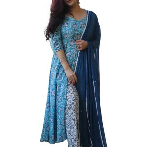 Elina fashion Indian Kurti for Womens With Pant & Dupatta | Rayon Printed Long Kurta Partywear Kurtis Tunic Tops Cyan