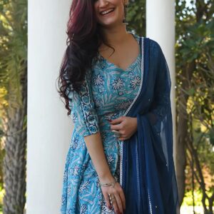 Elina fashion Indian Kurti for Womens With Pant & Dupatta | Rayon Printed Long Kurta Partywear Kurtis Tunic Tops Cyan