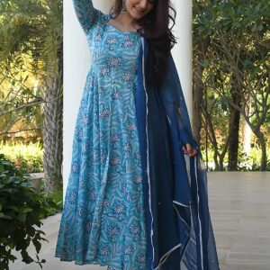 Elina fashion Indian Kurti for Womens With Pant & Dupatta | Rayon Printed Long Kurta Partywear Kurtis Tunic Tops Cyan