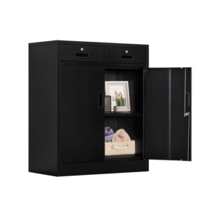 yeezer metal storage cabinet with 2 drawers. lockable steel storage cabinet with doors and shelve, 37”h office cabinet for home, garage, warehouse with large storage space. (black)