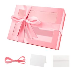 packqueen pink gift box with window, 9x6.5x3.8 inches, valentine's day clear gift box for present contains ribbon, card, bridesmaid proposal box, gift box with magnetic lid (glossy pink)