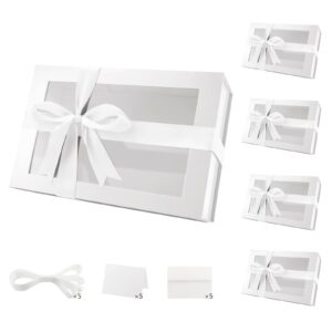 packqueen 5 large white gift boxes with windows, 13.5x9x4.1 inches clear gift boxes for presents contain ribbons, cards, bridesmaid proposal boxes, gift boxes with magnetic lids (glossy white)