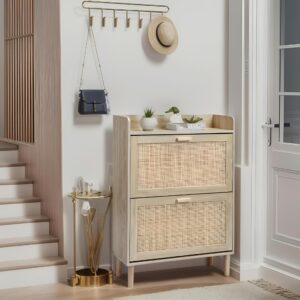 Finnhomy Extended Edition Shoe Cabinet with Natural Rattan Flip Drawers for Entryway, Free Standing 2 Tier Slim Shoe Organizer with Large Top Board, Shoe Cabinet with 3-gear Adjustable Width Drawers