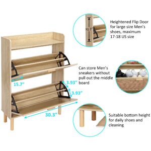 Finnhomy Extended Edition Shoe Cabinet with Natural Rattan Flip Drawers for Entryway, Free Standing 2 Tier Slim Shoe Organizer with Large Top Board, Shoe Cabinet with 3-gear Adjustable Width Drawers