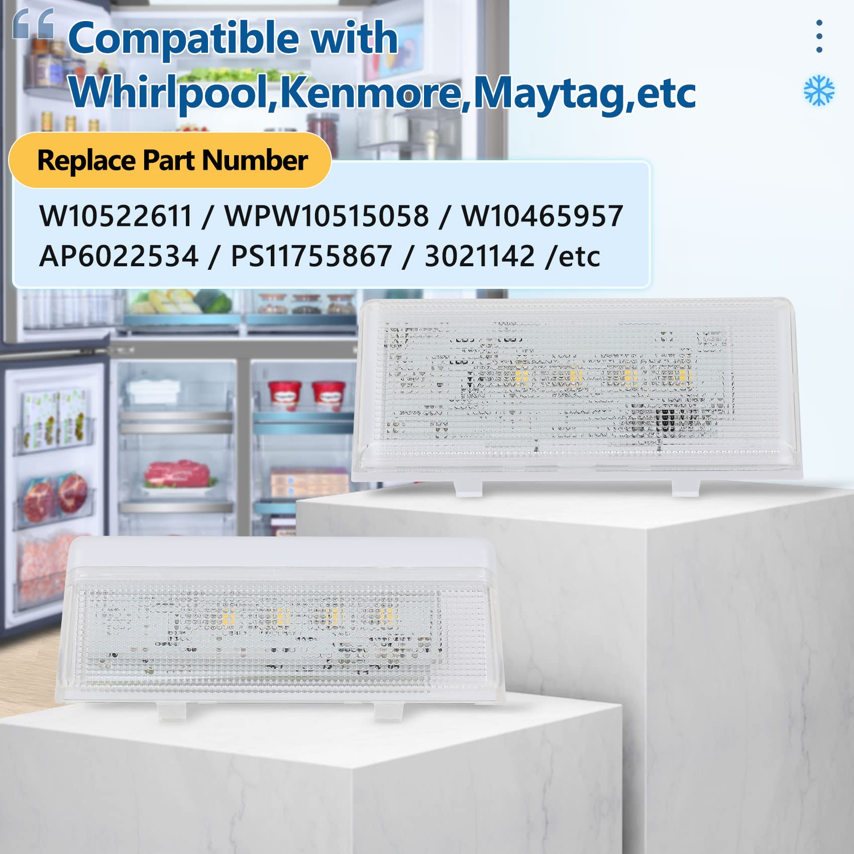 Lapert New W10515058 W10515057 for whirlpool refrigerator light,WPW10515058 kit,w10515058 w10515057 2pcs,w10515058 and w10515057 refrigerators,w10515058 whirlpool refrigerator light