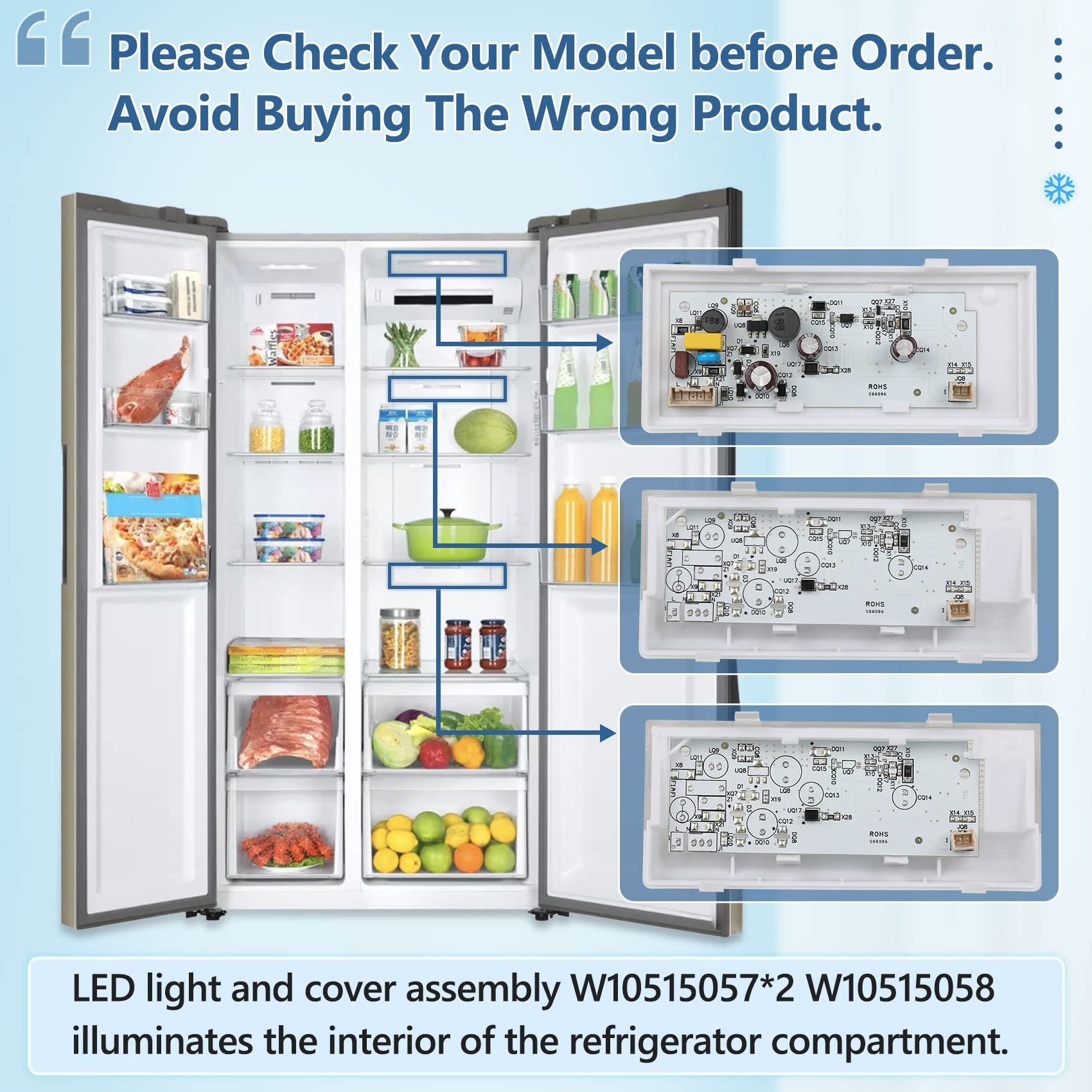 Lapert New W10515058 W10515057 for whirlpool refrigerator light,WPW10515058 kit,w10515058 w10515057 2pcs,w10515058 and w10515057 refrigerators,w10515058 whirlpool refrigerator light