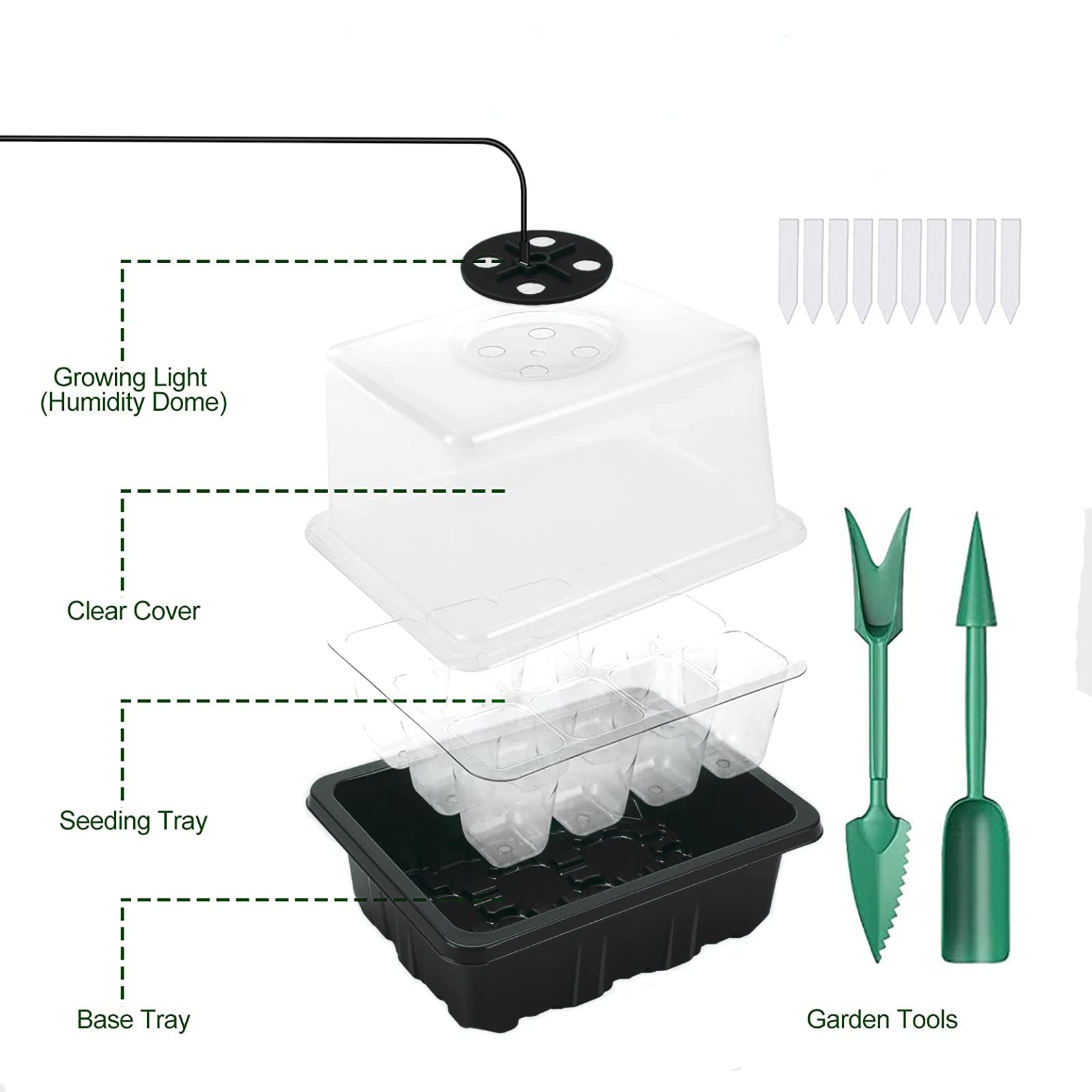 CANNABMALL Seedling Starter Trays 5 Packs Seed Starter Tray with Grow Light, Smart Controller Seed Starting Trays Kit with Humidity Dome (60 Cells) Indoor Gardening Plant Germination Trays Black