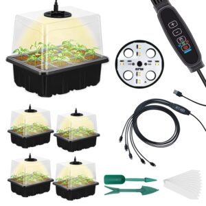 cannabmall seedling starter trays 5 packs seed starter tray with grow light, smart controller seed starting trays kit with humidity dome (60 cells) indoor gardening plant germination trays black