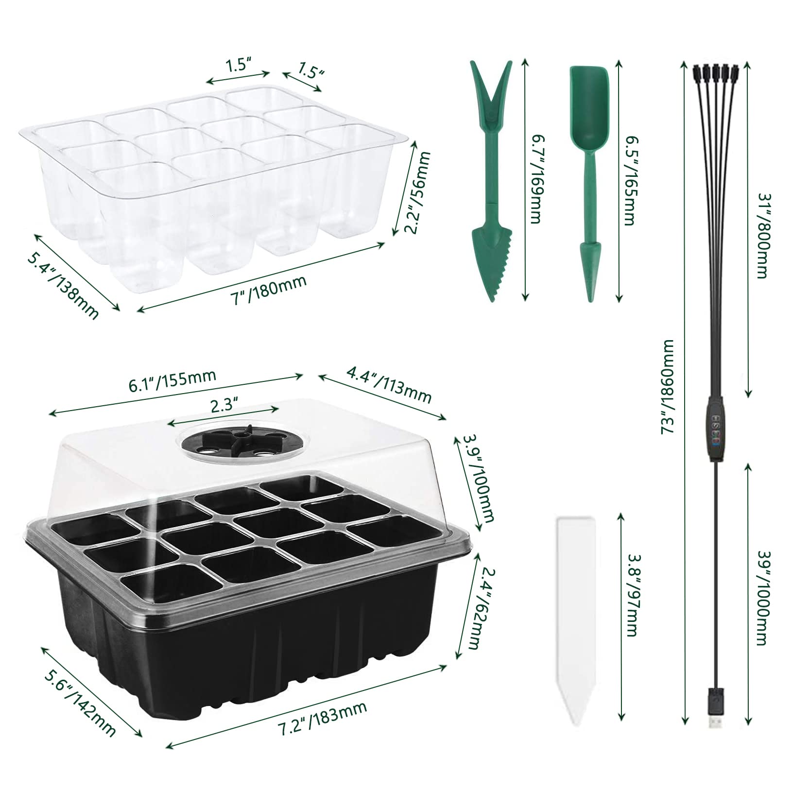 CANNABMALL Seedling Starter Trays 5 Packs Seed Starter Tray with Grow Light, Smart Controller Seed Starting Trays Kit with Humidity Dome (60 Cells) Indoor Gardening Plant Germination Trays Black