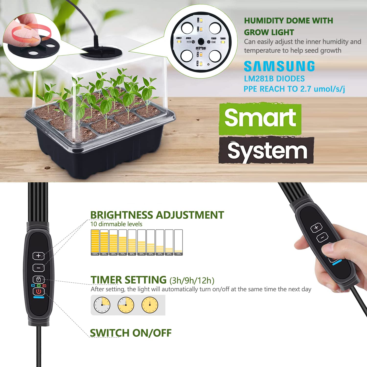 CANNABMALL Seedling Starter Trays 5 Packs Seed Starter Tray with Grow Light, Smart Controller Seed Starting Trays Kit with Humidity Dome (60 Cells) Indoor Gardening Plant Germination Trays Black