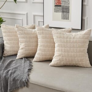 junfawn set of 4 decorative throw pillow covers 18 x 18 for couch sofa bed, soft boho striped corduroy cushion cases for living room decor, cream white