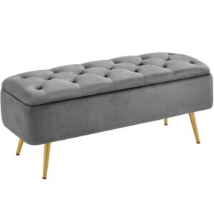 yaheetech ottoman 42 inches storage bench with storage folding polyester boucle bench foot stool bench hinged stool footstool bench for living room bedroom entryway gray