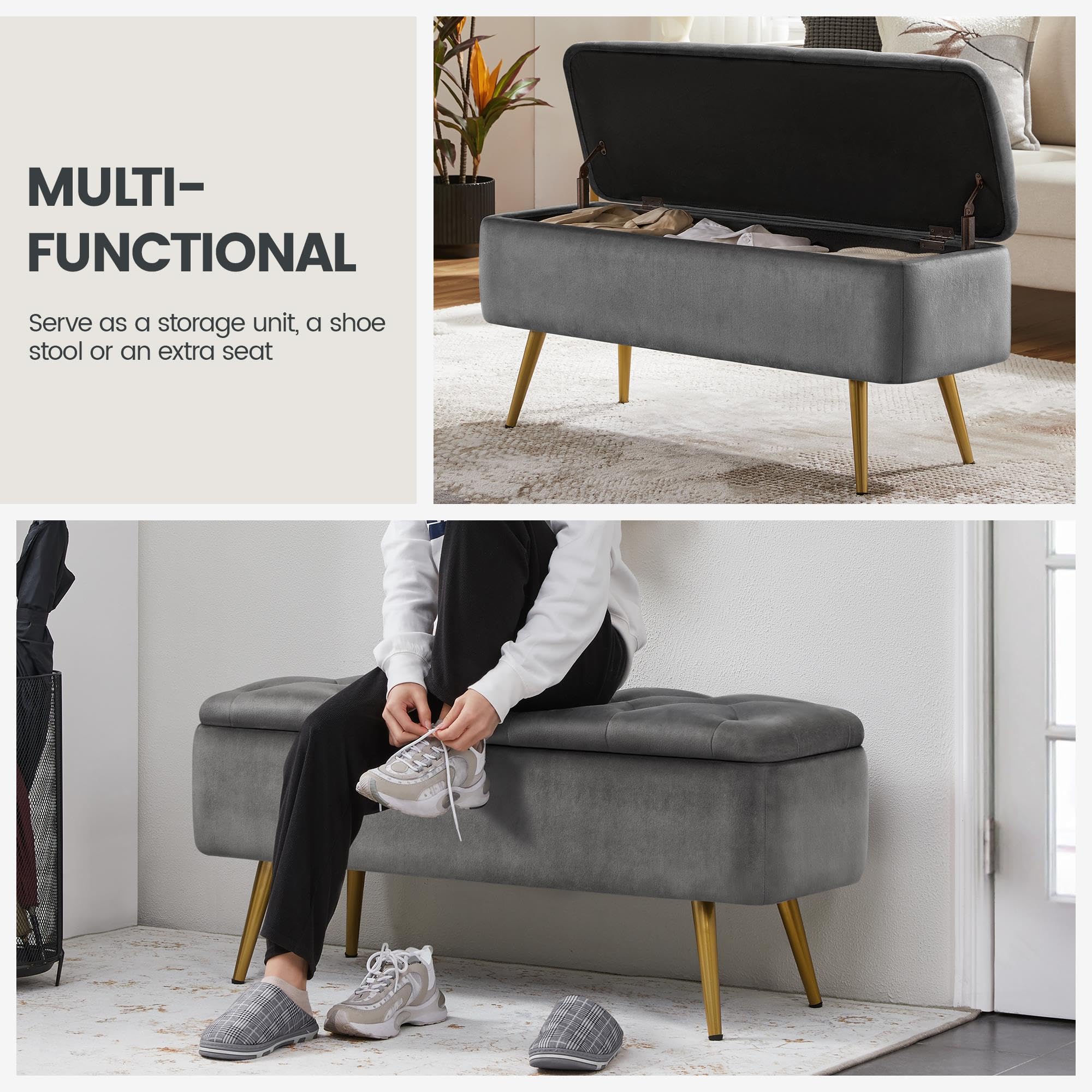 Yaheetech Ottoman 42 Inches Storage Bench with Storage Folding Polyester Boucle Bench Foot Stool Bench Hinged Stool Footstool Bench for Living Room Bedroom Entryway Gray