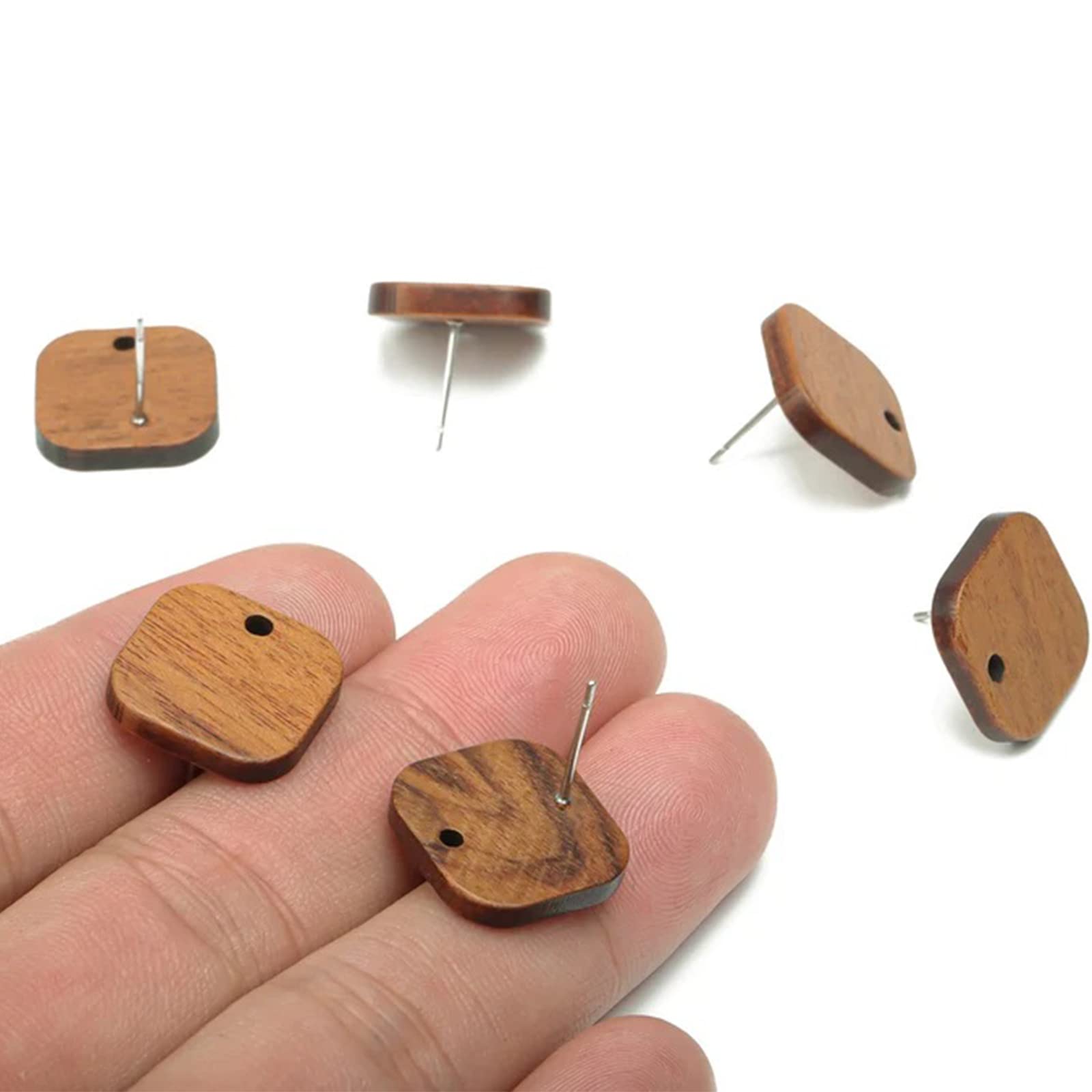 DoreenBeads 30Pcs Natural Wooden Stud Earrings Posts with Loop for Jewelry Making- Square Wood Earring Posts with Ear Backs for Women DIY Earring Making Personalized Jewelry Findings