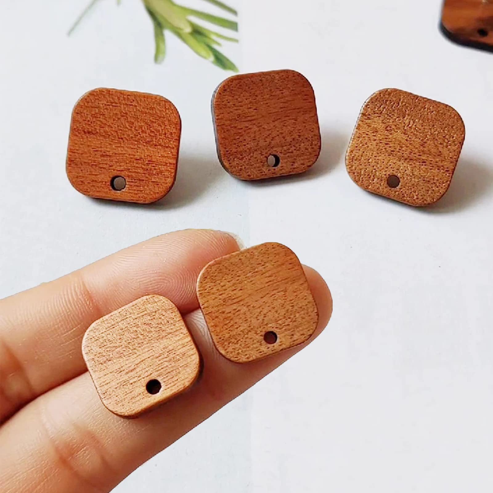 DoreenBeads 30Pcs Natural Wooden Stud Earrings Posts with Loop for Jewelry Making- Square Wood Earring Posts with Ear Backs for Women DIY Earring Making Personalized Jewelry Findings