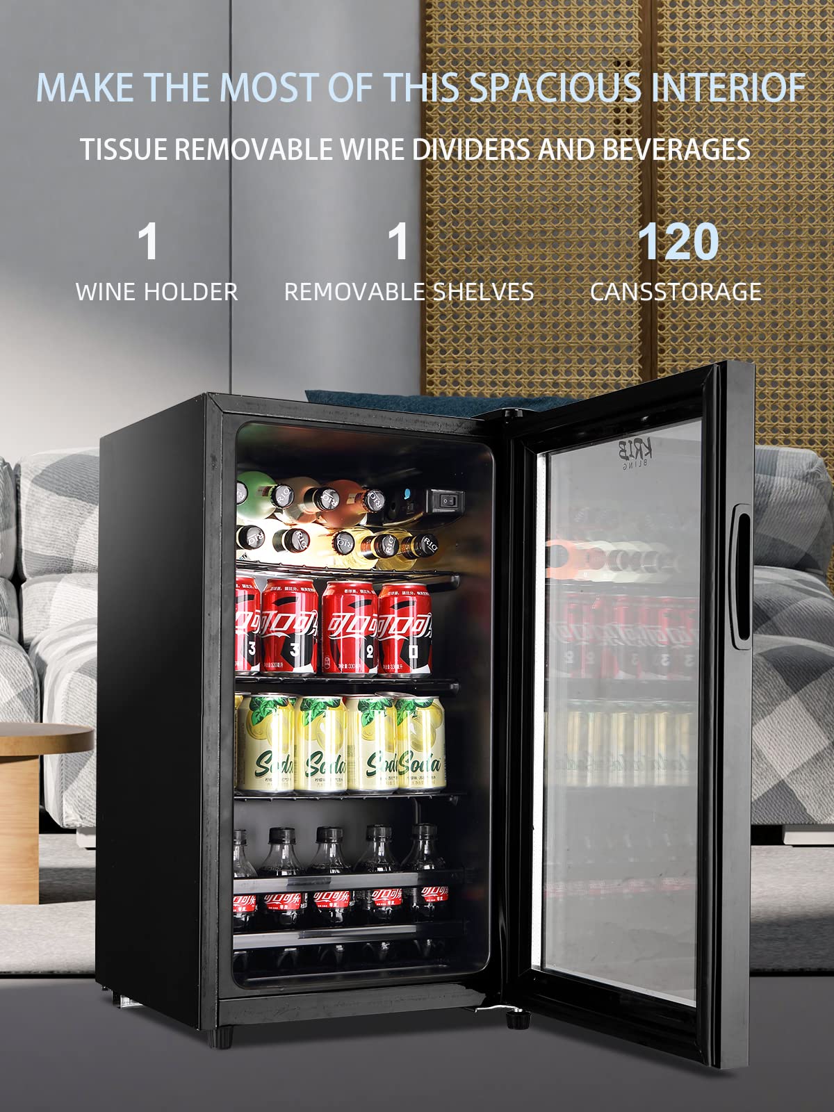 KRIB BLING Beverage Refrigerator Cooler 120 Can Freestanding Beverage Cooler with Adjustable Shelving Glass Door for Beer Soda or Wine for Home Office or Bar