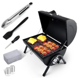 joyfair portable charcoal grill set, small tabletop barbecue grill with accessories tools for outdoor camping bbq grilling backyard party cooking, heavy duty & innovative design, thermometer & chimney