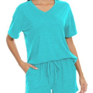 LOCUBE Women's Pajama Sets Short Sleeve Lounge Set Soft Comfy Stretch Casual Pj V-Neck Shirt and Shorts with Pocket (Aqua, X-Large)