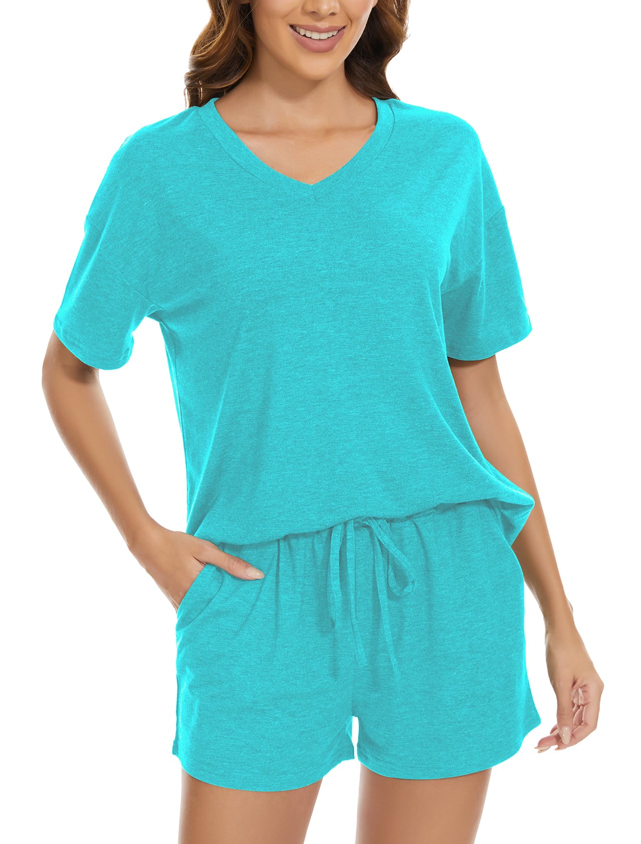 LOCUBE Women's Pajama Sets Short Sleeve Lounge Set Soft Comfy Stretch Casual Pj V-Neck Shirt and Shorts with Pocket (Aqua, X-Large)