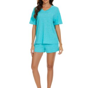 LOCUBE Women's Pajama Sets Short Sleeve Lounge Set Soft Comfy Stretch Casual Pj V-Neck Shirt and Shorts with Pocket (Aqua, X-Large)