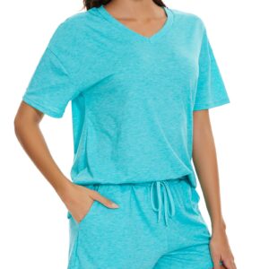 LOCUBE Women's Pajama Sets Short Sleeve Lounge Set Soft Comfy Stretch Casual Pj V-Neck Shirt and Shorts with Pocket (Aqua, X-Large)