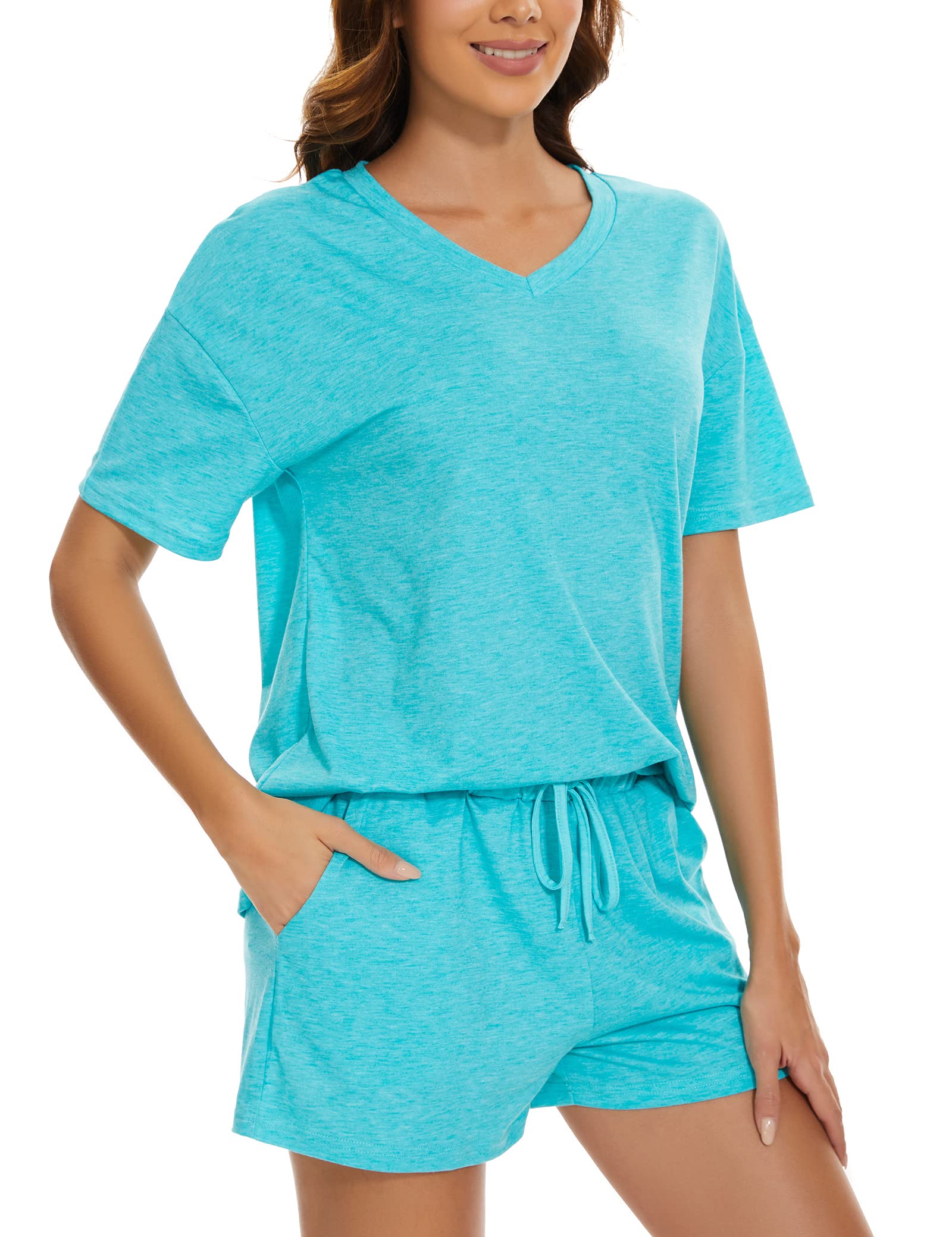 LOCUBE Women's Pajama Sets Short Sleeve Lounge Set Soft Comfy Stretch Casual Pj V-Neck Shirt and Shorts with Pocket (Aqua, X-Large)