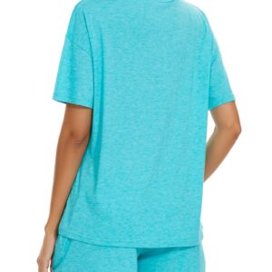 LOCUBE Women's Pajama Sets Short Sleeve Lounge Set Soft Comfy Stretch Casual Pj V-Neck Shirt and Shorts with Pocket (Aqua, X-Large)