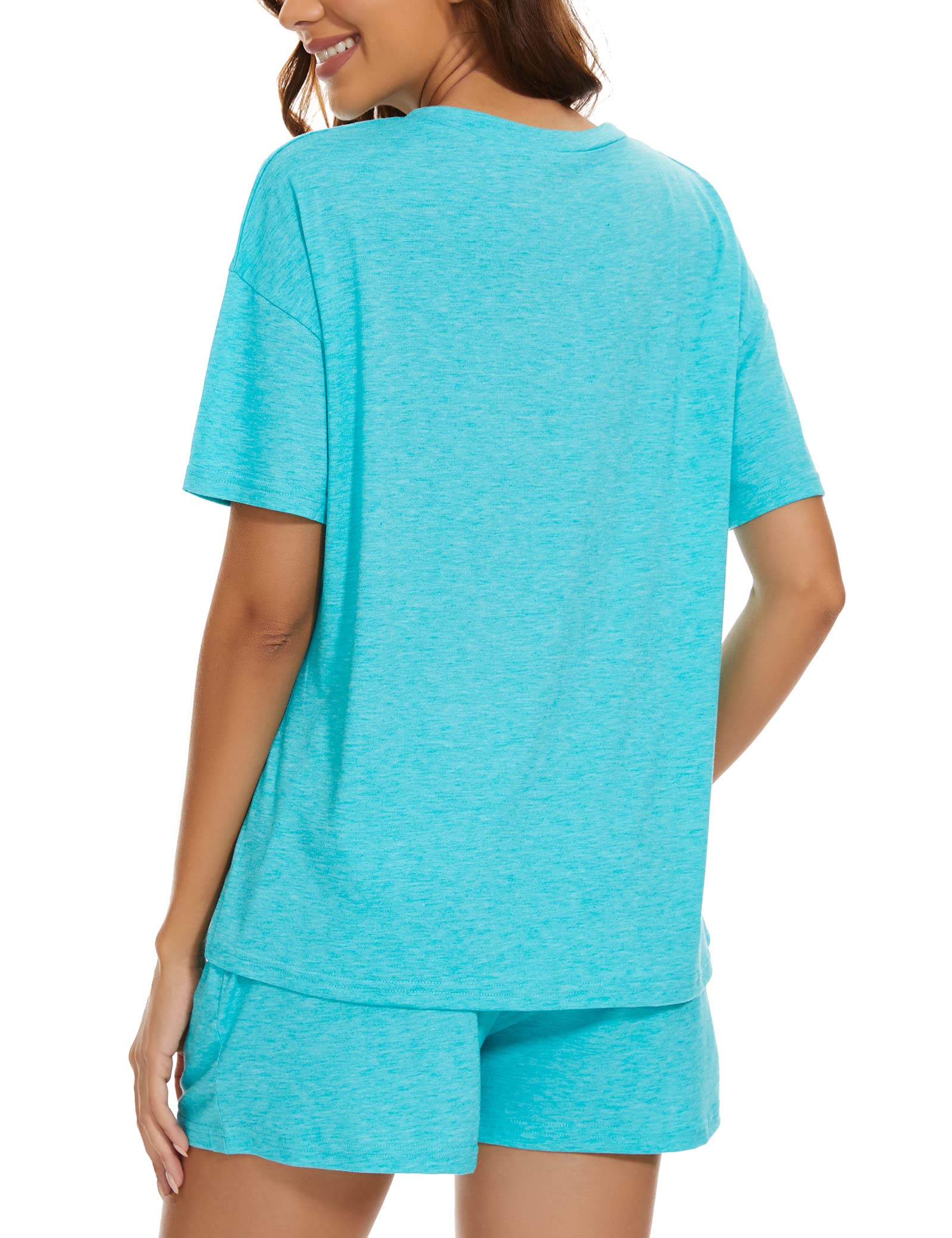 LOCUBE Women's Pajama Sets Short Sleeve Lounge Set Soft Comfy Stretch Casual Pj V-Neck Shirt and Shorts with Pocket (Aqua, X-Large)