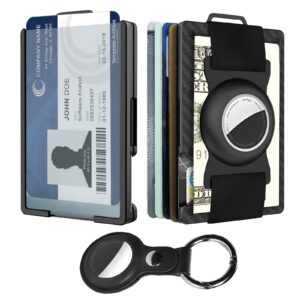 elzama airtag wallet men with id window & lanyard, slim metal card case, aluminum cardholder with air tag holder, rfid blocking & airtags keychain (apple air tags not included)