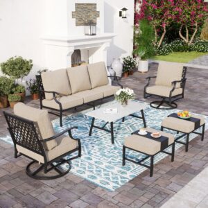 sunshine valley patio furniture set, modern metal outdoor patio furniture, 3 seater sofa, 2 swivel chairs, 2 ottomans, coffee table and 5.75" extra thick cushion, patio conversation set for backyard