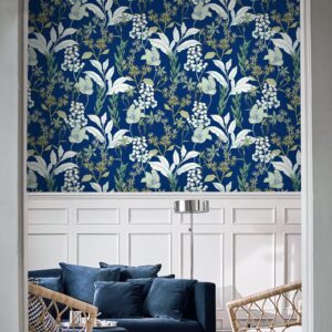 Yasinet Peel and Stick Wallpaper Boho Blue Wallpaper Removable Floral Self-Adhesive Contact Paper Vintage Blue Wallpaper for Walls Bedroom Vinyl Rolls 15.75inch × 78.7 inch