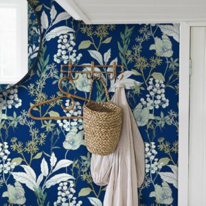 Yasinet Peel and Stick Wallpaper Boho Blue Wallpaper Removable Floral Self-Adhesive Contact Paper Vintage Blue Wallpaper for Walls Bedroom Vinyl Rolls 15.75inch × 78.7 inch