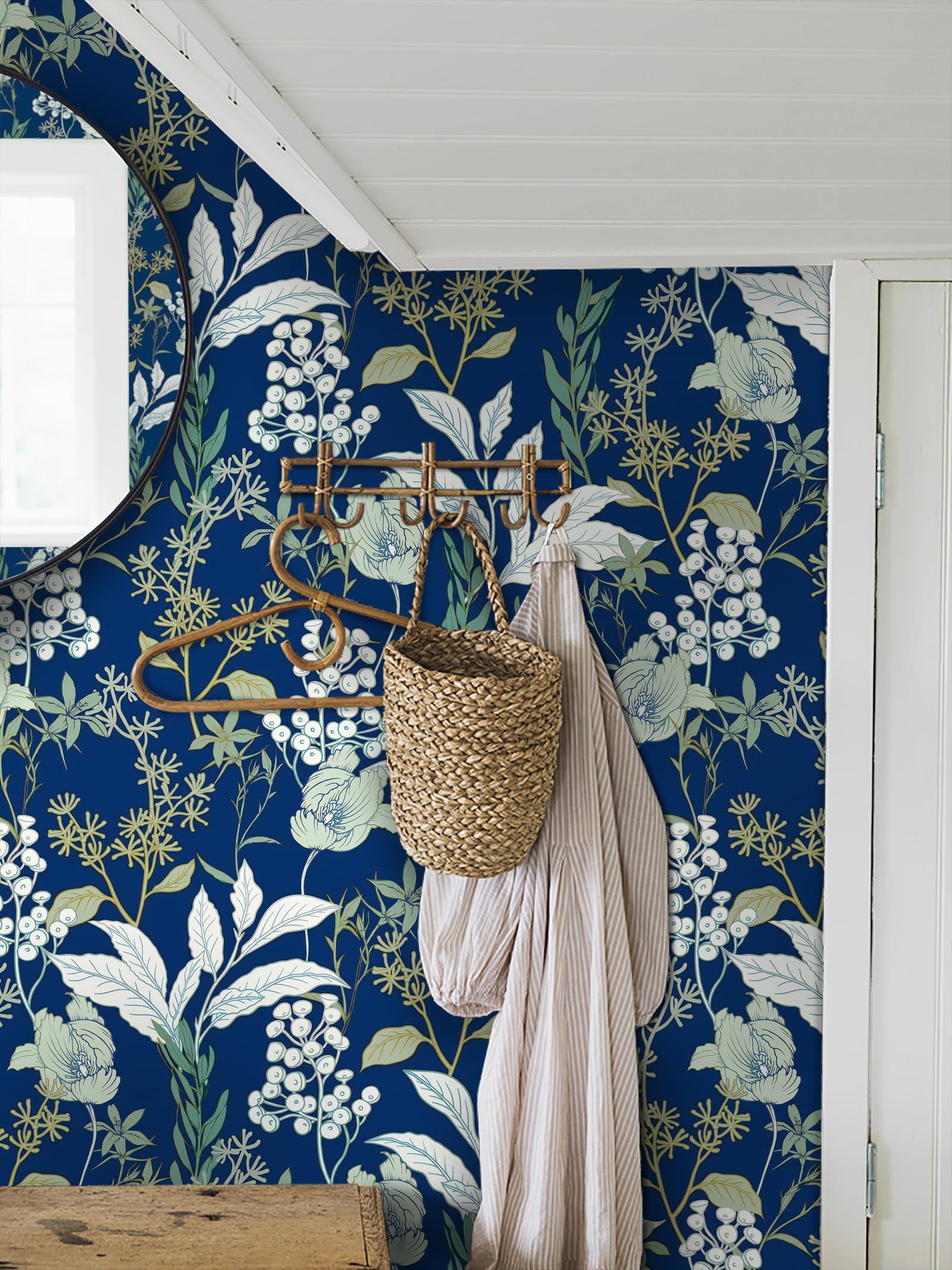 Yasinet Peel and Stick Wallpaper Boho Blue Wallpaper Removable Floral Self-Adhesive Contact Paper Vintage Blue Wallpaper for Walls Bedroom Vinyl Rolls 15.75inch × 78.7 inch