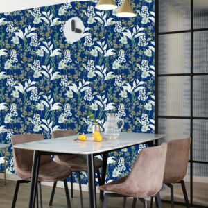 Yasinet Peel and Stick Wallpaper Boho Blue Wallpaper Removable Floral Self-Adhesive Contact Paper Vintage Blue Wallpaper for Walls Bedroom Vinyl Rolls 15.75inch × 78.7 inch