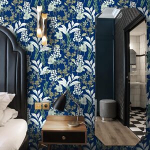 Yasinet Peel and Stick Wallpaper Boho Blue Wallpaper Removable Floral Self-Adhesive Contact Paper Vintage Blue Wallpaper for Walls Bedroom Vinyl Rolls 15.75inch × 78.7 inch